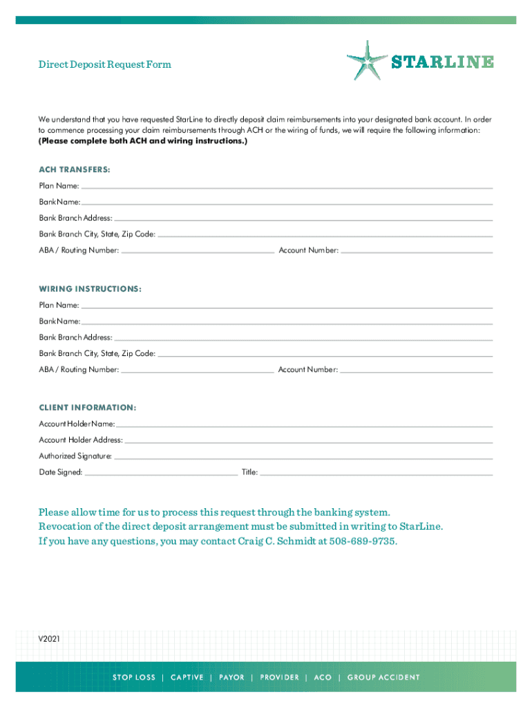 Fillable Online Direct Deposit Request Form - starlinegroup.com Fax ...