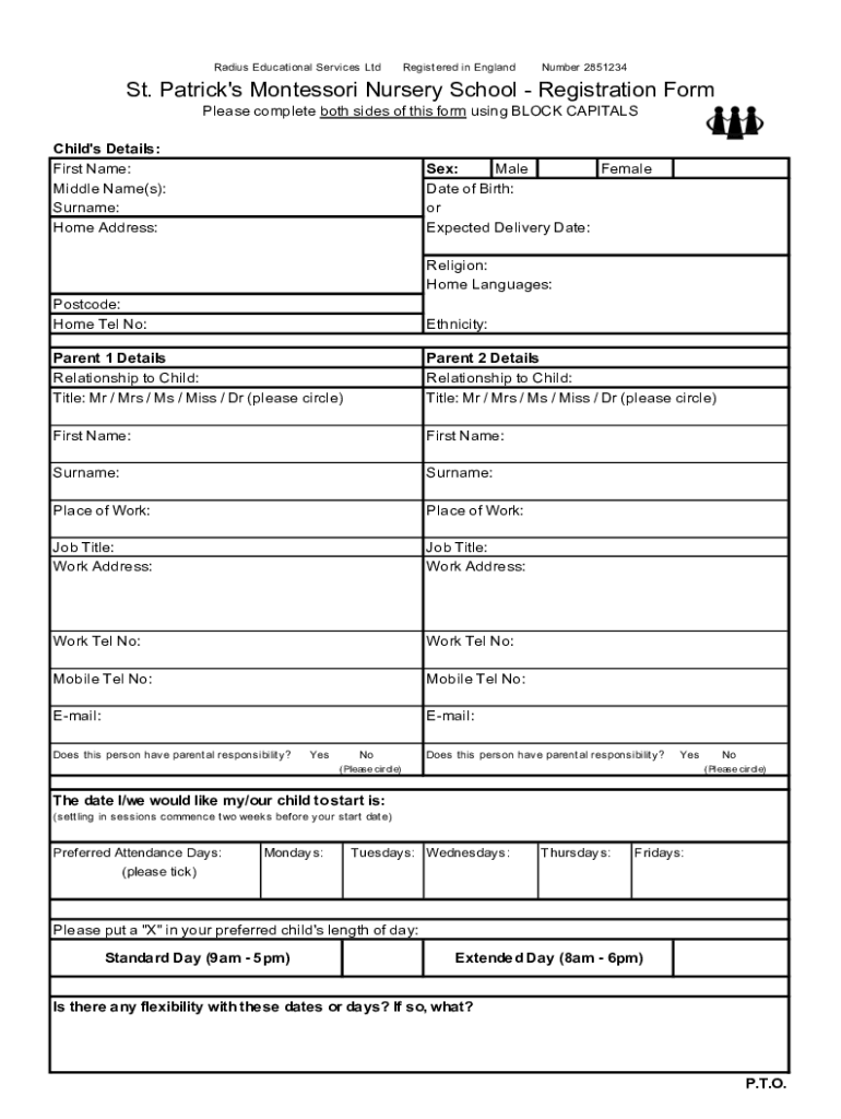 Fillable Online St. Patrick's Montessori Nursery School - Registration ...