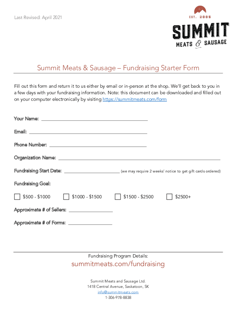 Fillable Online Fundraising Starter Form - Summit Meats & Sausage Ltd ...