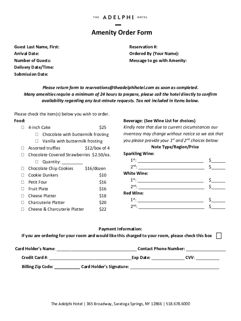 Fillable Online Amenity Order Form - The Adelphi Hotel Fax Email Print ...