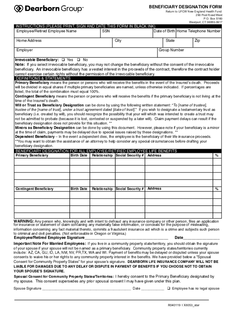 Fillable Online BENEFICIARY DESIGNATION FORM - UFCW New England Health ...