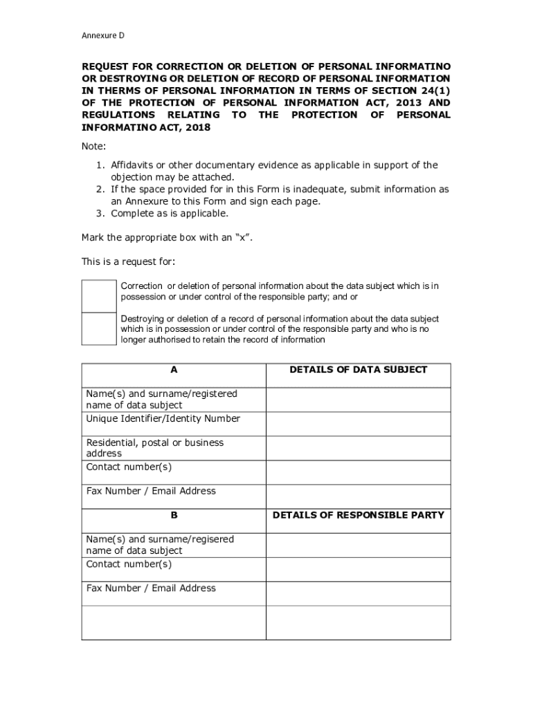 Fillable Online REQUEST FOR CORRECTION OR DELETION OF PERSONAL ...
