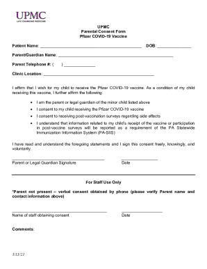 Fillable Online UPMC Parental Consent Form Pfizer COVID-19 Vaccine DOB ...