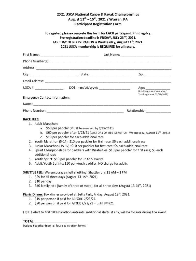 Fillable Online 2021 USCA National Canoe & Kayak Championships Lock Haven ... Fax Email Print ...