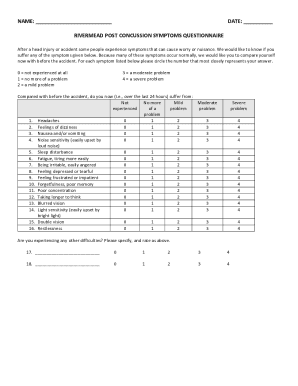 Fillable Online RIVERMEAD POST CONCUSSION SYMPTOMS QUESTIONNAIRE Fax Email Print - pdfFiller
