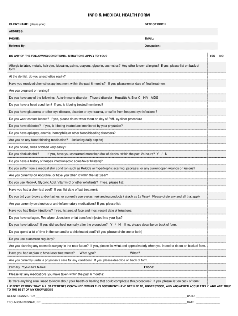 Fillable Online INFO & MEDICAL HEALTH FORM Fax Email Print - pdfFiller