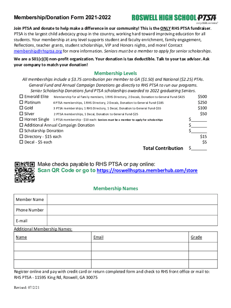 Fillable Online Roswell High School PTSA Membership form 2021-2022 REV1 ...