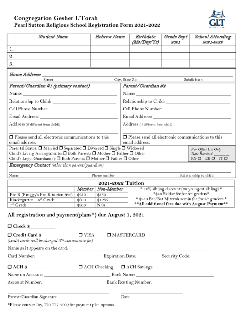 Fillable Online Pearl Sutton Religious School Registration Form 2021-2022 Fax Email Print ...