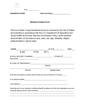 Fillable Online SHURRUNS House resident intake form Fax Email Print ...