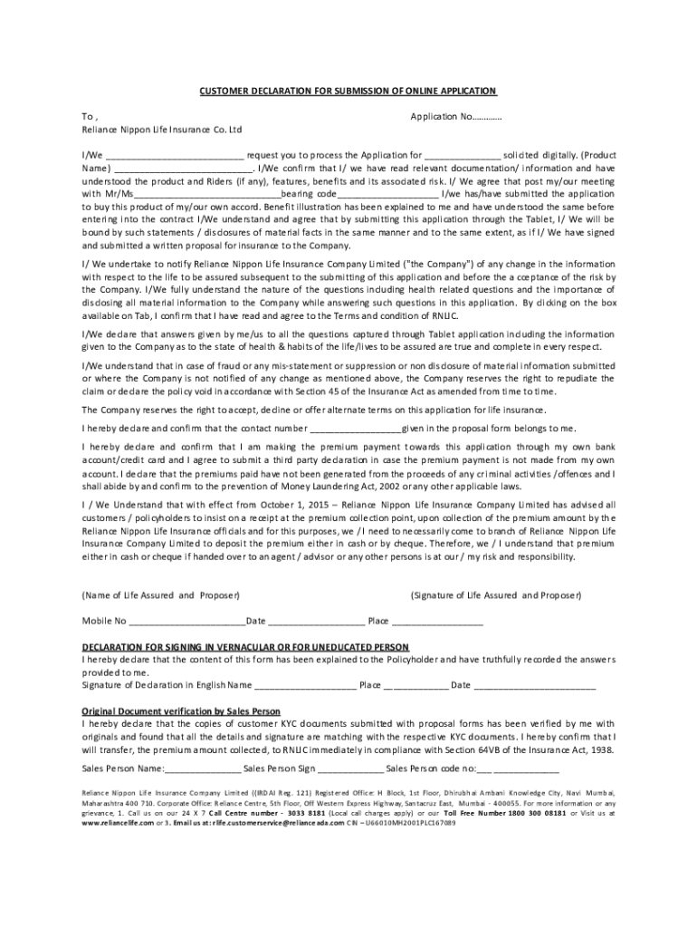 Fillable Online Reliance Nippon Li fe Insurance Co Fax Email Print ...