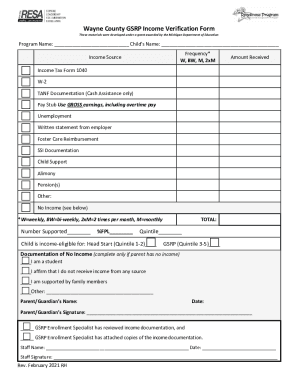 Fillable Online Wayne County GSRP Income Verification Form Fax Email ...