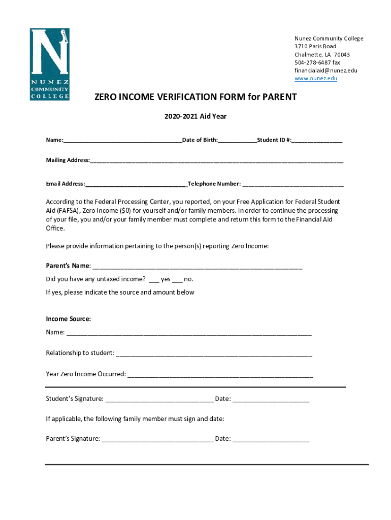 Fillable Online 2020-2021 Zero Income Verification Form for PARENT Fax ...