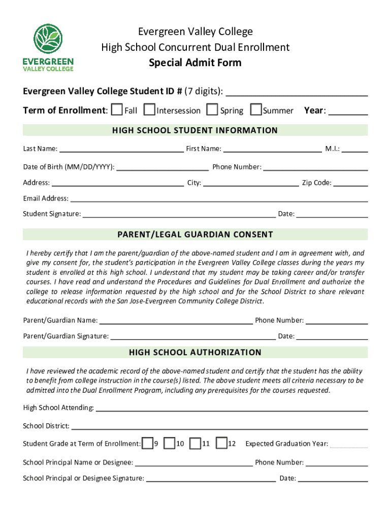 Fillable Online Evergreen Valley College High School Concurrent Dual ... Fax Email Print - pdfFiller