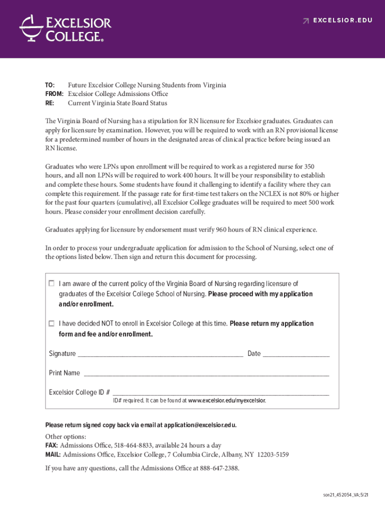 Fillable Online Future Excelsior College Nursing Students from Virginia ...