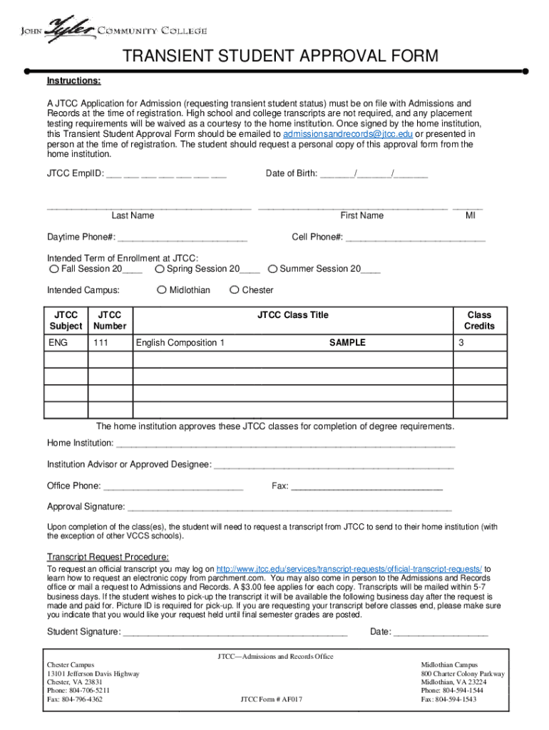 Fillable Online TRANSIENT STUDENT APPROVAL FORM - jtcc.edu Fax Email ...