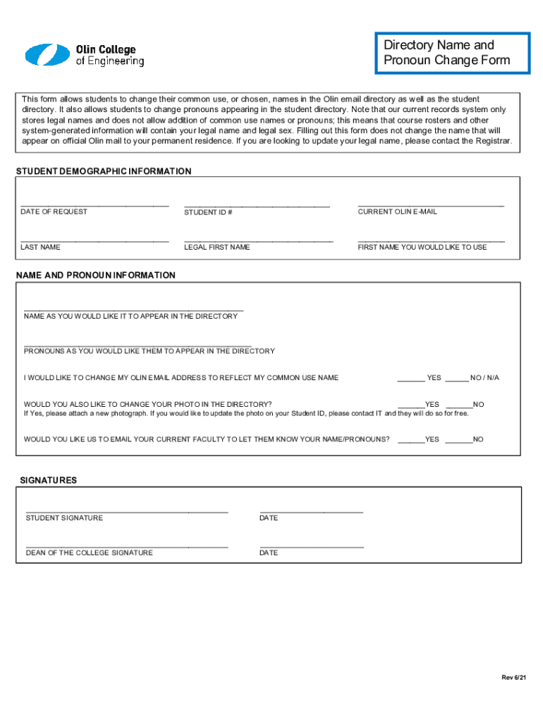 Fillable Online Directory Name and Pronoun Change Form - olin.edu Fax Email Print - pdfFiller