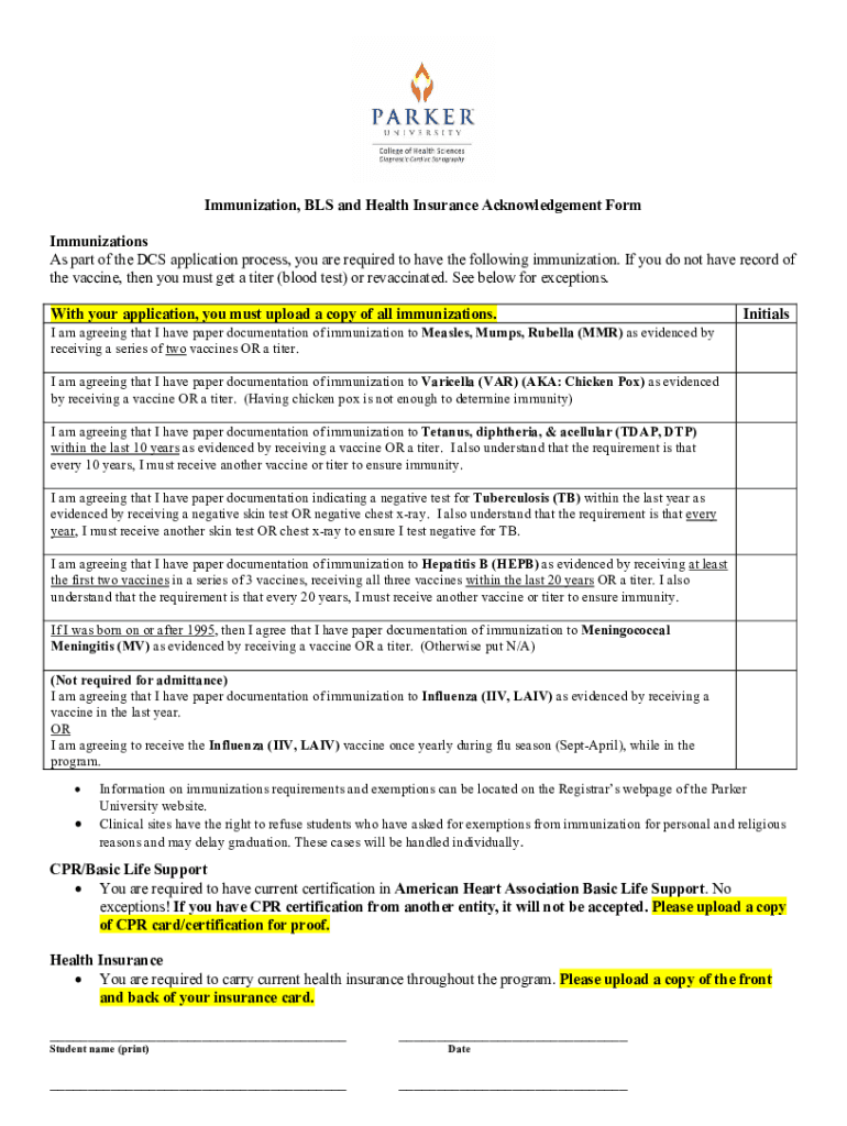 Fillable Online Immunization, BLS and Health Insurance Acknowledgement ...