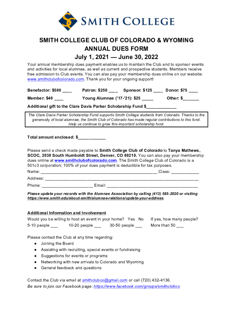 Fillable Online alumnae smith SCOC Dues Form 21-22 Fax Email Print ...