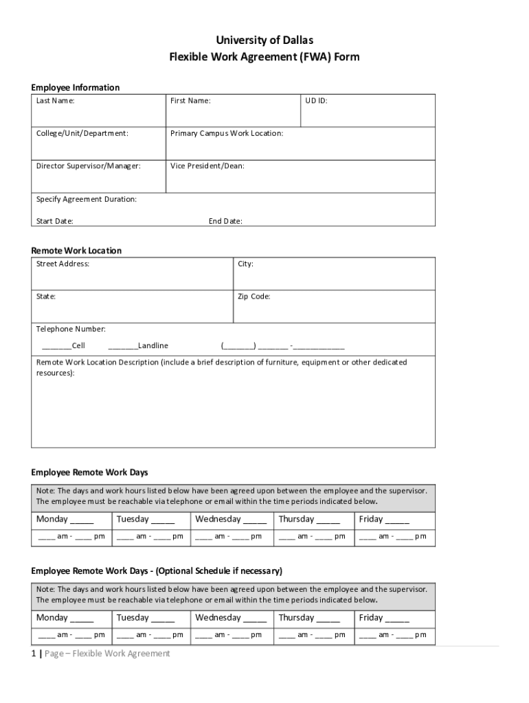 Fillable Online University of Dallas Flexible Work Agreement (FWA) Form ...