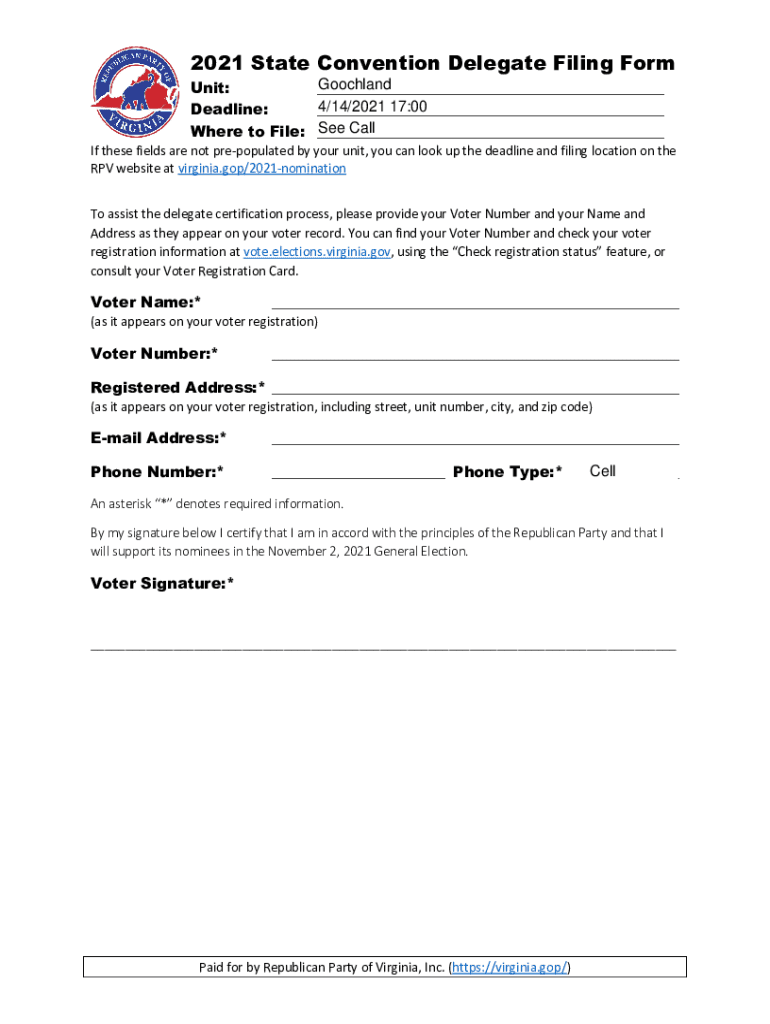 Fillable Online 2021 State Convention Delegate Filing Form - goochland ...