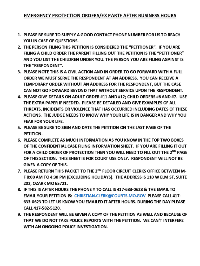 Fillable Online EMERGENCY PROTECTION ORDERS/EX PARTE AFTER BUSINESS ...