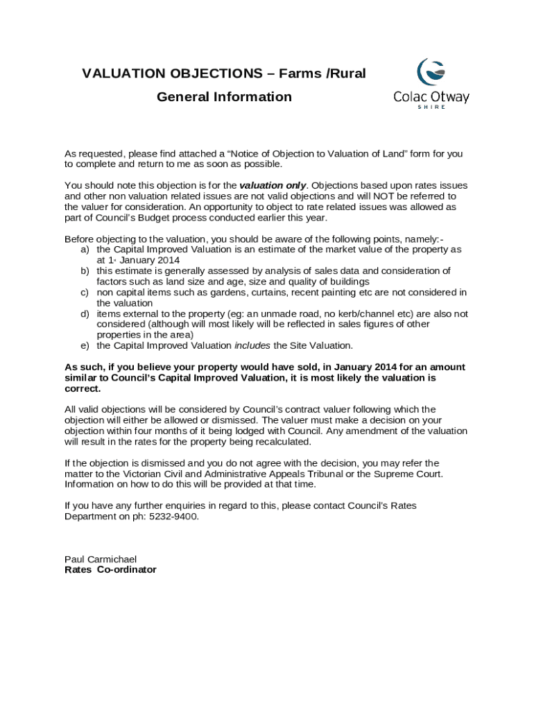 VALUATION OBJECTIONS - Farms /Rural Doc Template | pdfFiller