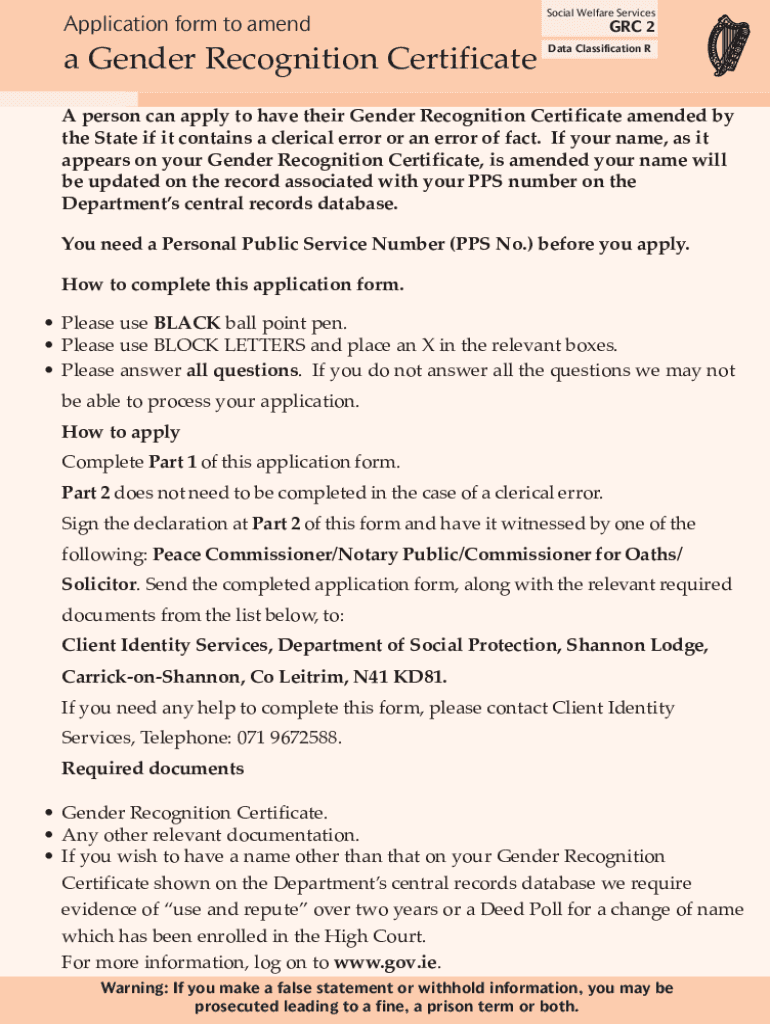 Fillable Online gov.ie - Apply for a Gender Recognition Certificate ...