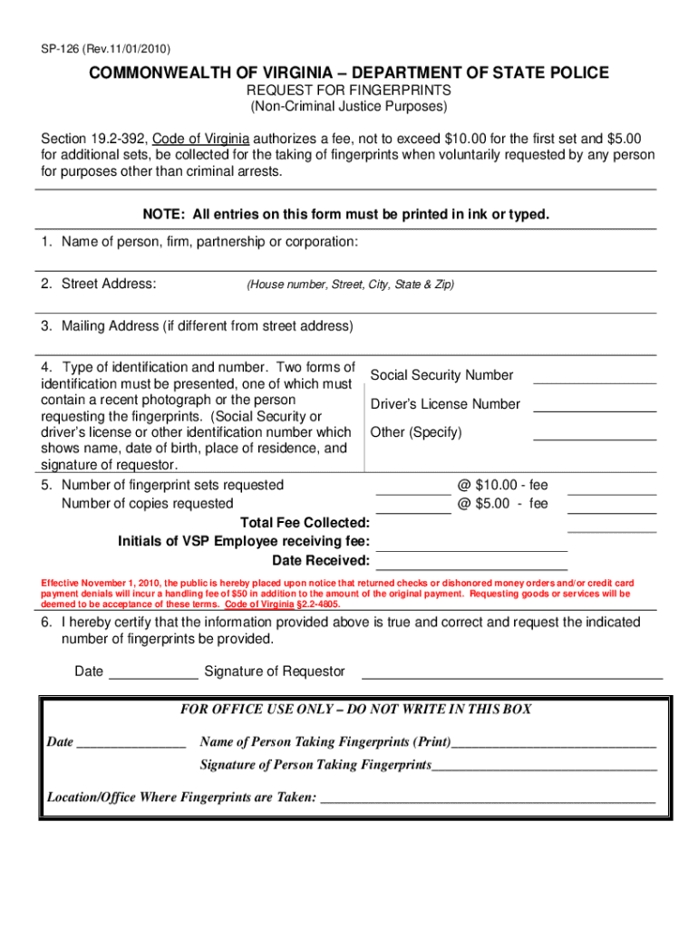 Fillable Online SP-126 Request for Fingerprints (Non-Criminal Justice ...