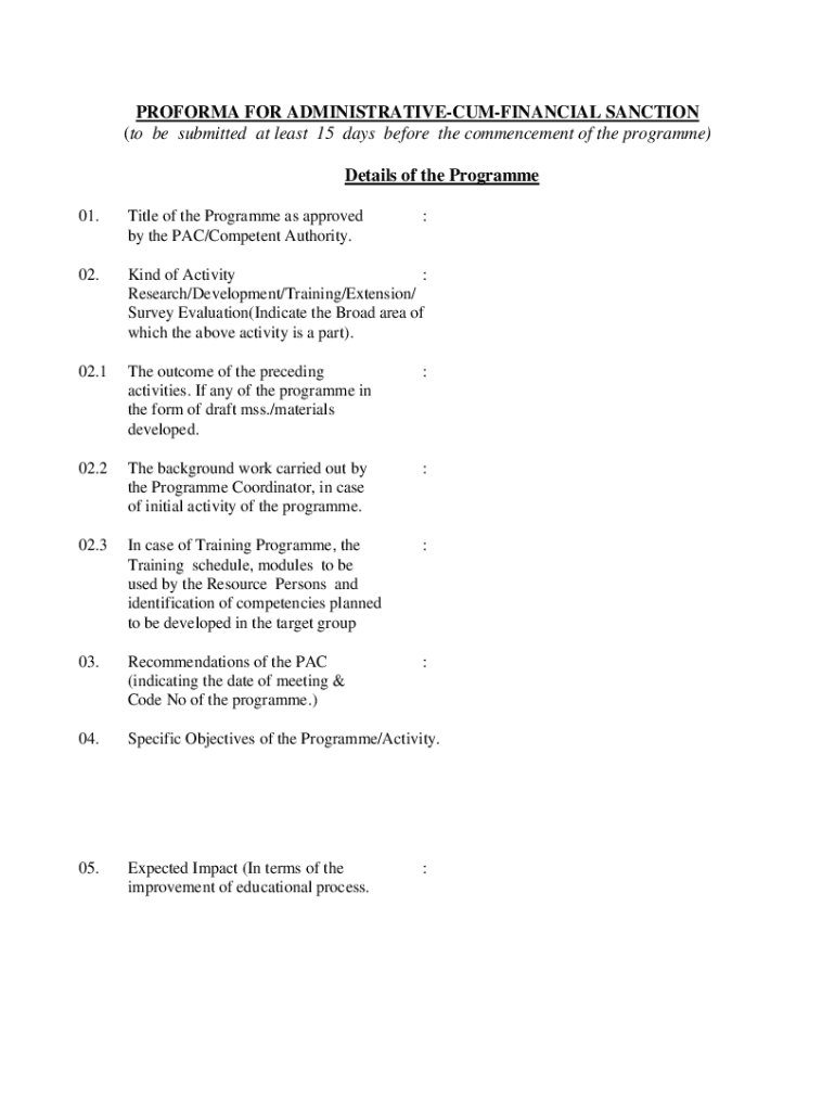 Fillable Online PROFORMA FOR ADMINISTRATIVE-CUM-FINANCIAL SANCTION Fax ...