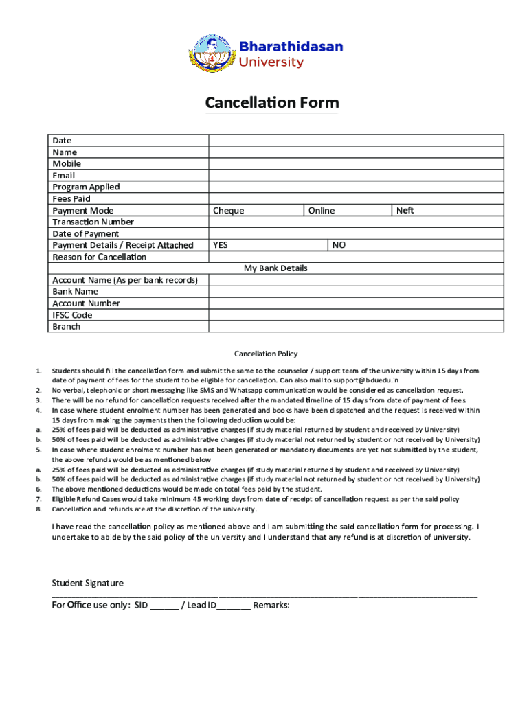 Fillable Online BDU Cancellation Form Fax Email Print - pdfFiller