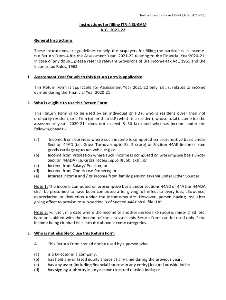Fillable Online CBDT Instructions for New Form ITR-4 Sugam (FY 2020-21 ...