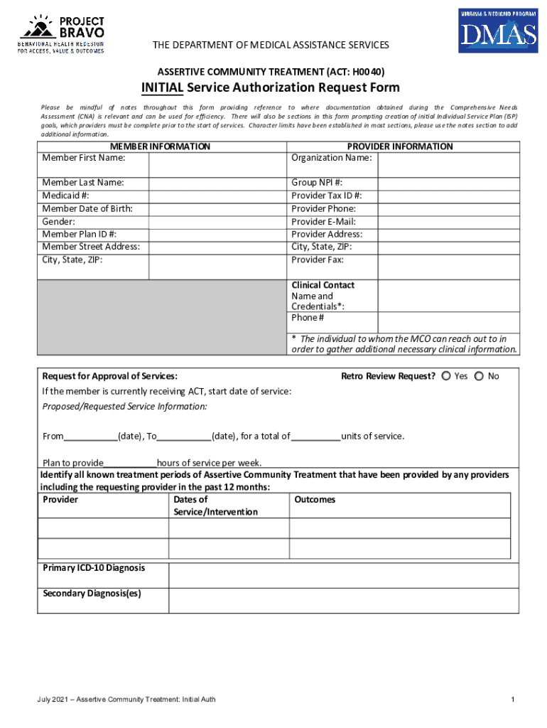 Fillable Online ACT (H0040)-Initial Auth Form Fax Email Print - pdfFiller