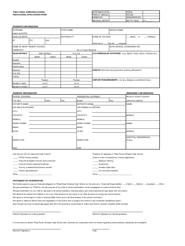 Fillable Online H. S. Application Form Fax Email Print - pdfFiller
