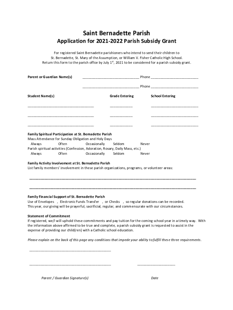 Fillable Online Saint Bernadette Subsidy Request Form - 2021-2022.pdf ...