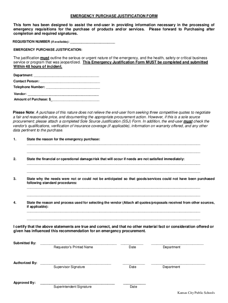 Fillable Online Emergency Purchase Justification - Texas State ...