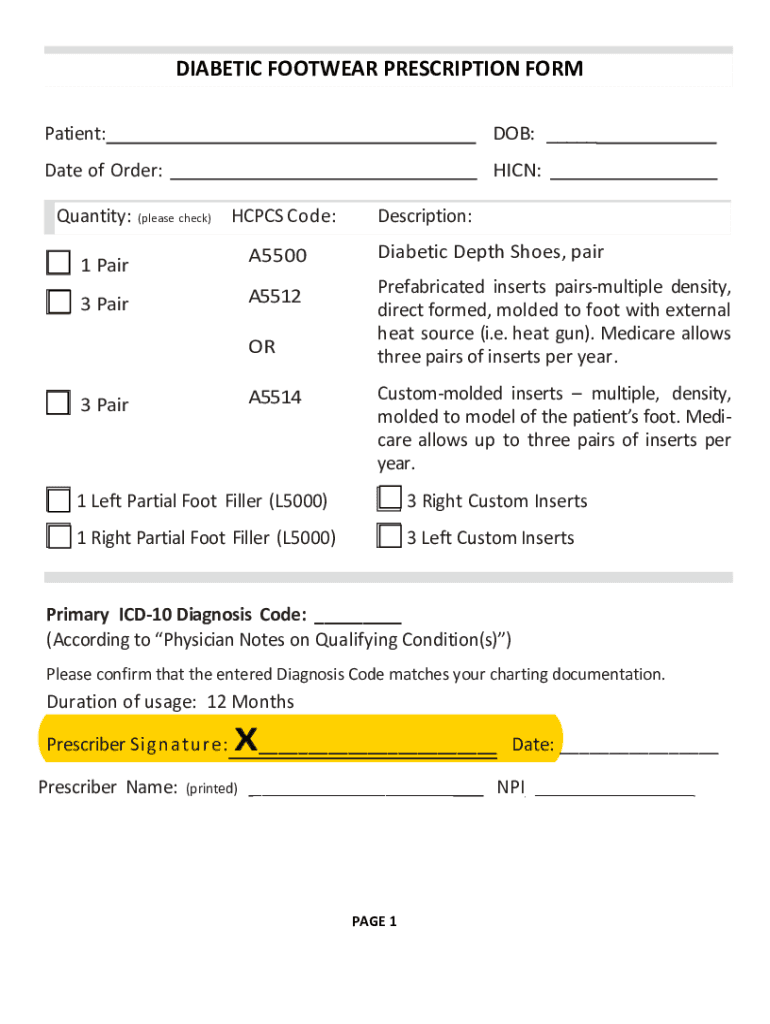 Fillable Online DIABETIC FOOTWEAR PRESCRIPTION FORM Fax Email Print ...
