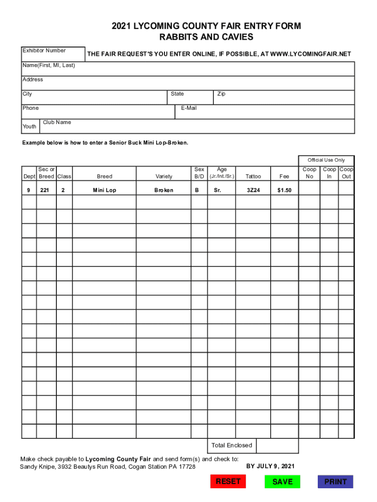 Fillable Online LYCOMING COUNTY FAIR ENTRY FORM Fax Email Print - pdfFiller
