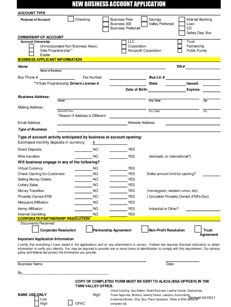 Fillable Online NEW BUSINESS ACCOUNT APPLICATION - uvbank.net Fax Email ...