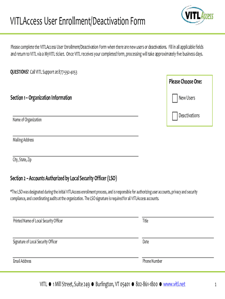 Fillable Online VITLAccess User Enrollment/Deactivation Form Fax Email ...
