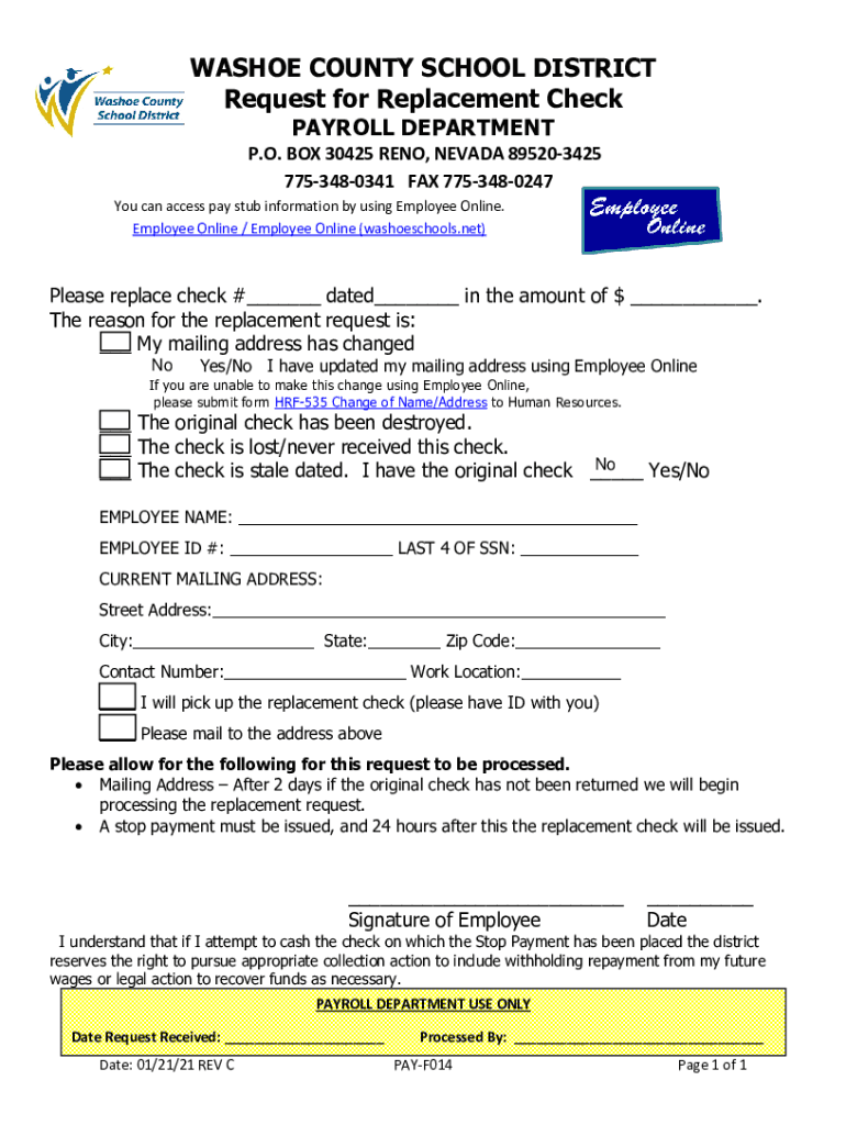 Fillable Online Request for Replacement Check Fax Email Print - pdfFiller