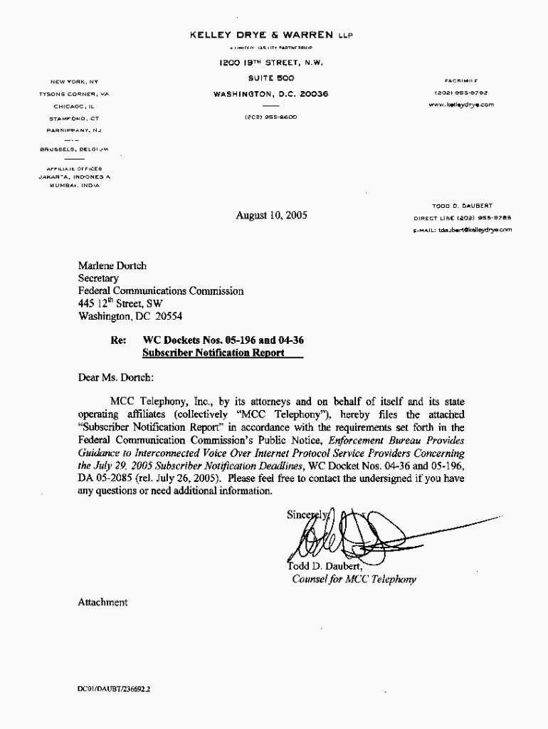 Fillable Online August 10,2005 Marlene Dortch Secretary Federal ...