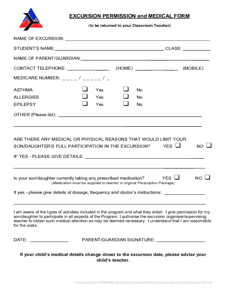 Fillable Online highfieldsss eq edu EXCURSION PERMISSION and MEDICAL ...