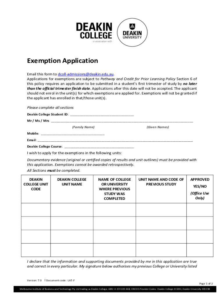 Fillable Online Exemption Application - Deakin College Fax Email Print - pdfFiller