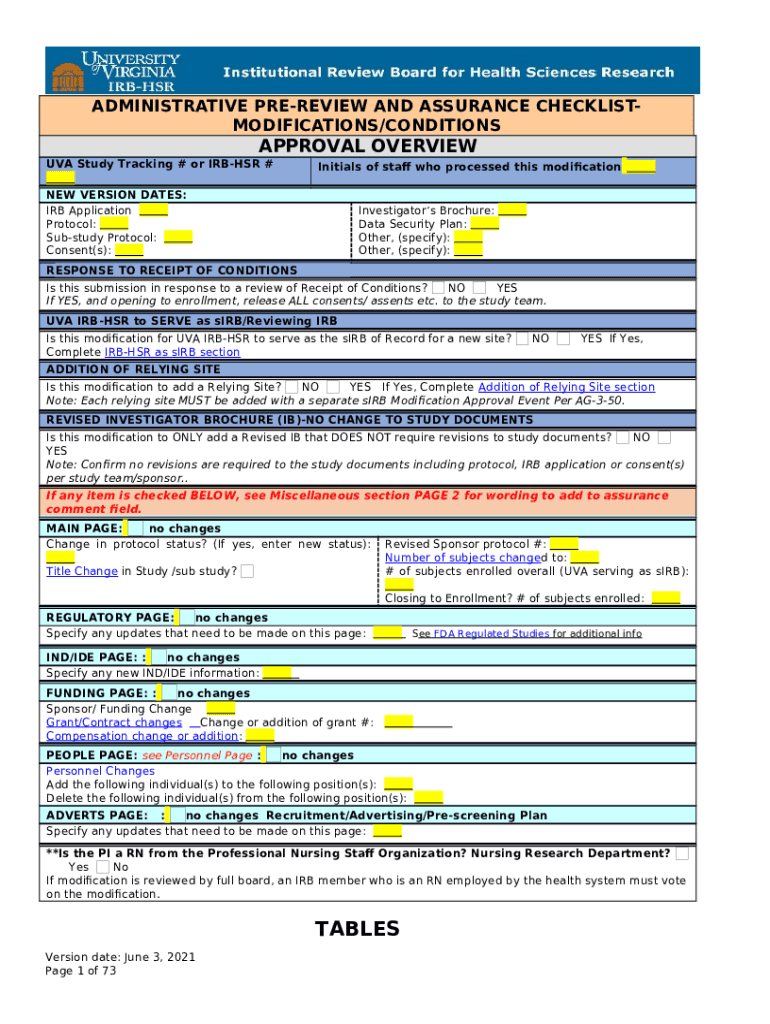 ADMINISTRATIVE PRE-REVIEW AND ASSURANCE CHECKLIST-MODIFICATIONS/CONDITIONS Doc Template | pdfFiller