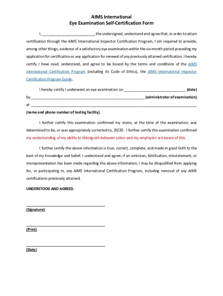 Fillable Online AIMS International Eye Examination Self-Certification ...