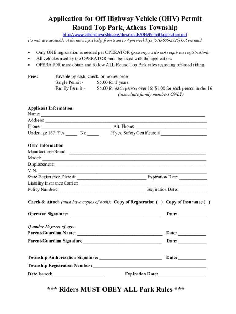 Fillable Online Application for Off Highway Vehicle (OHV) permit Round ...