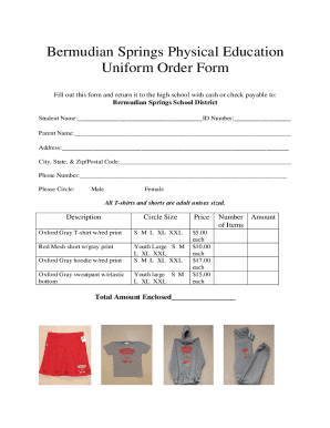 Fillable Online Bermudian Springs Physical Education Uniform Order Form ...