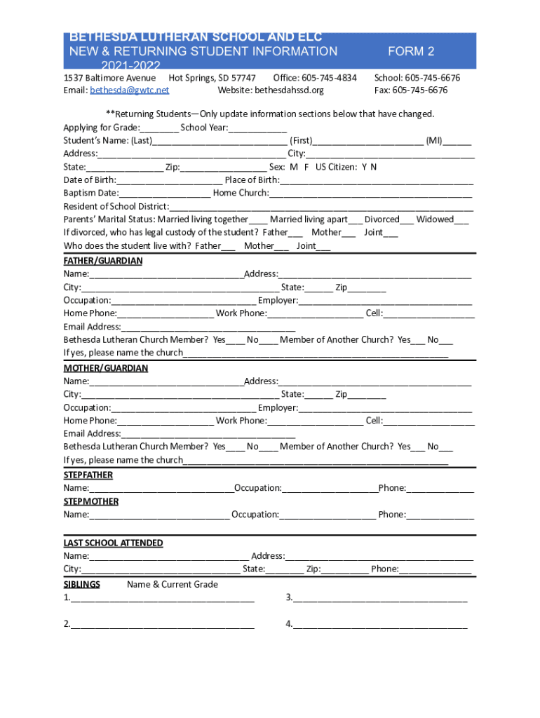 Fillable Online 2021-2022 Student Information Form 2.docx Fax Email ...
