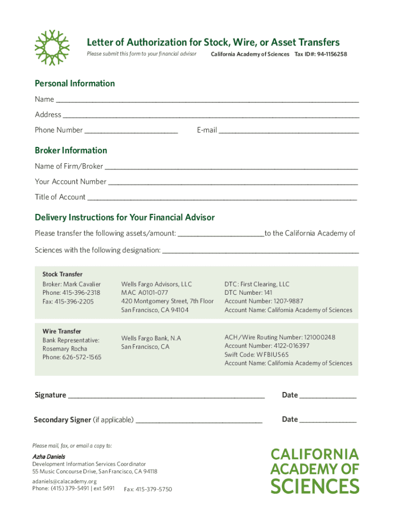 Fillable Online Letter of Authorization for Stock, Wire, or Asset ...
