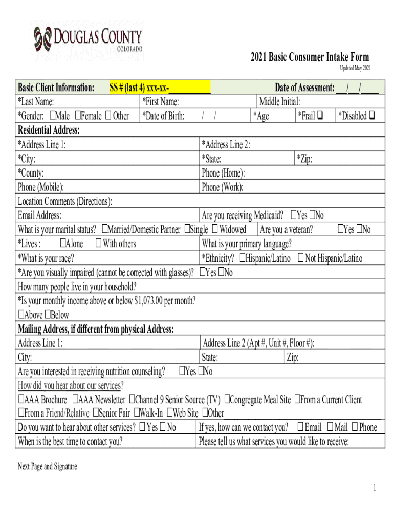 Fillable Online 2021 Basic Consumer Intake Form Updated May 2021 Fax ...